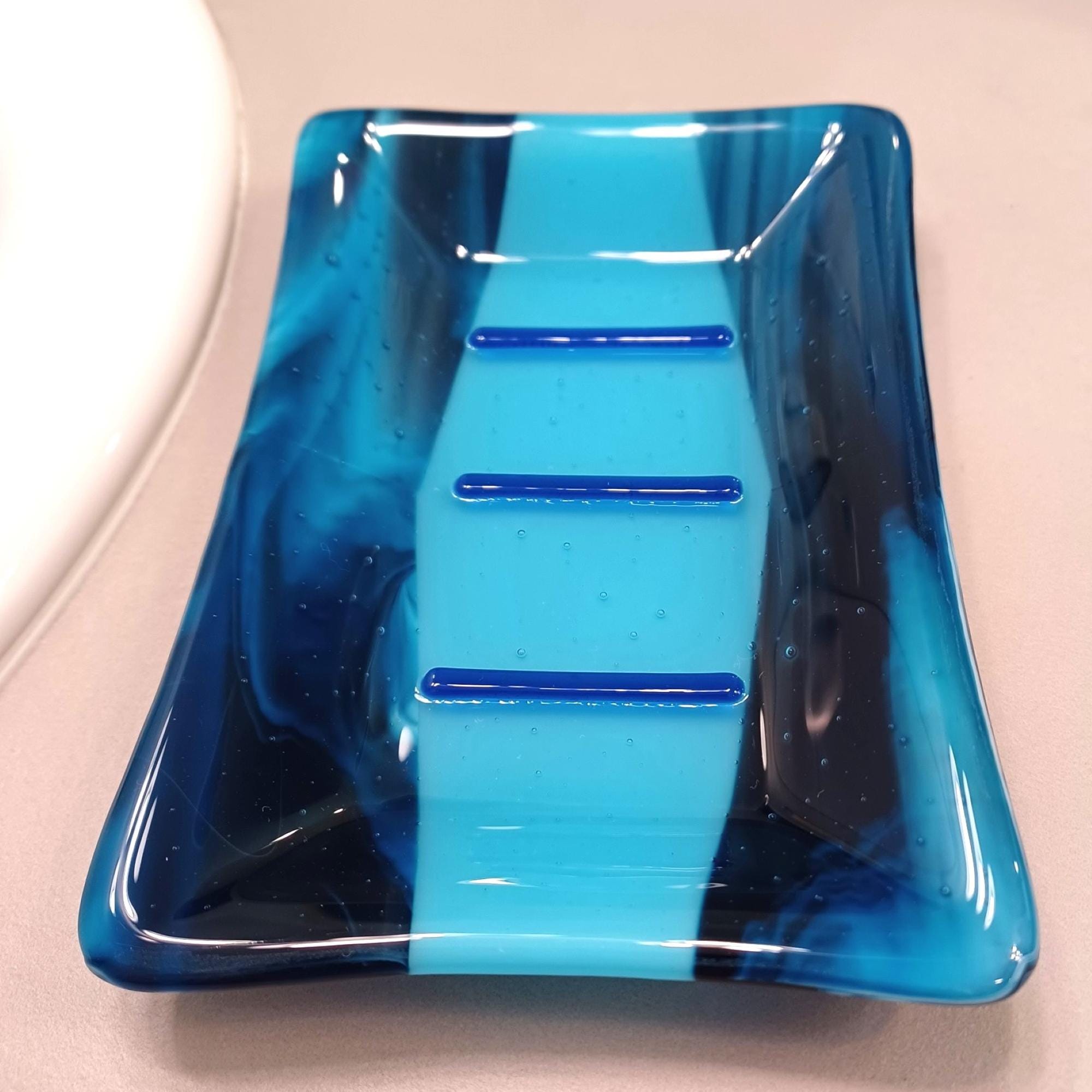 Fused Glass Soap Dish. Cyan Blue, Dark Blue, White and Clear ...