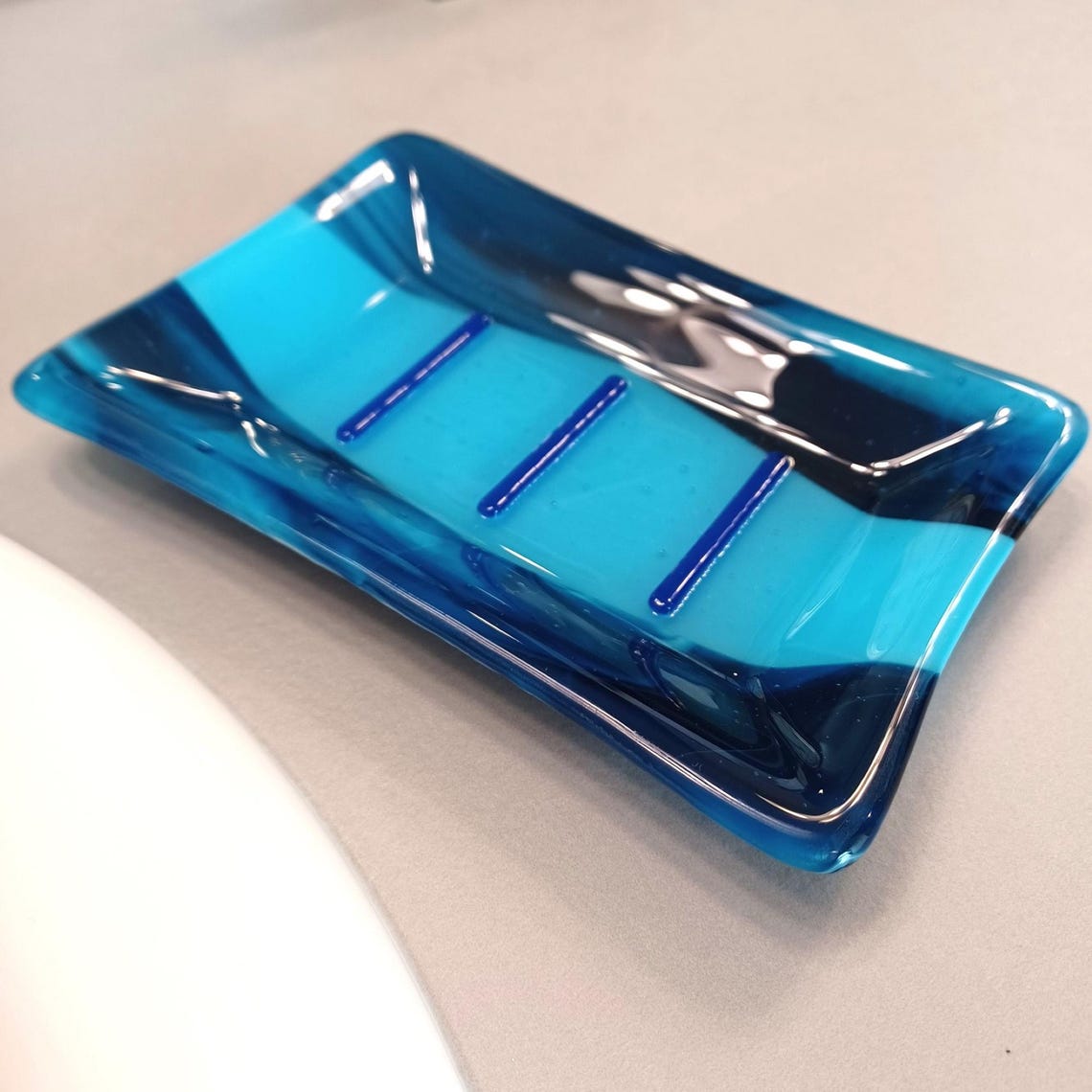 Fused Glass Soap Dish. Cyan Blue, Dark Blue, White and Clear ...