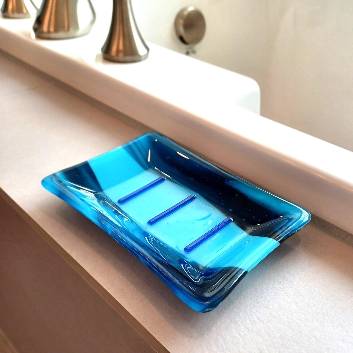 Fused Glass Soap Dish. Cyan Blue, Dark Blue, White and Clear ...