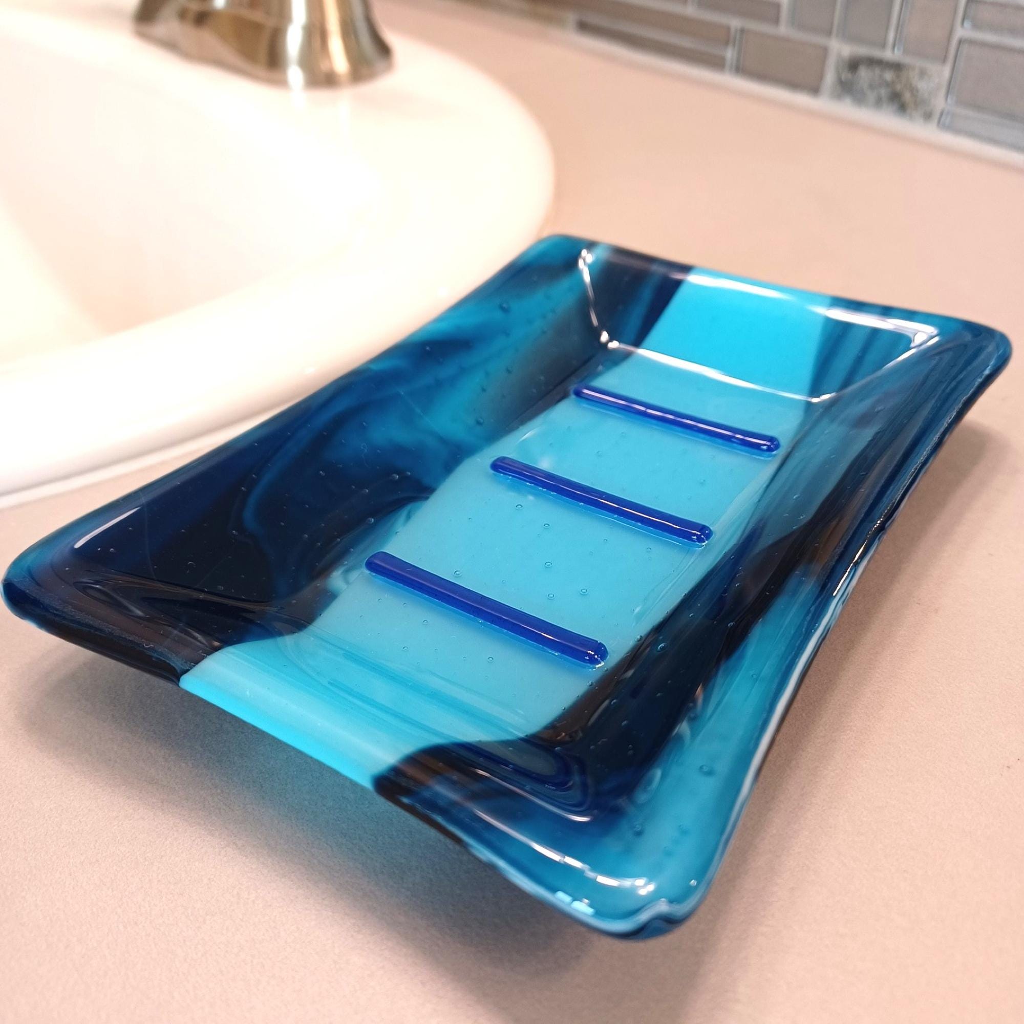 Fused Glass Soap Dish. Cyan Blue, Dark Blue, White and Clear ...