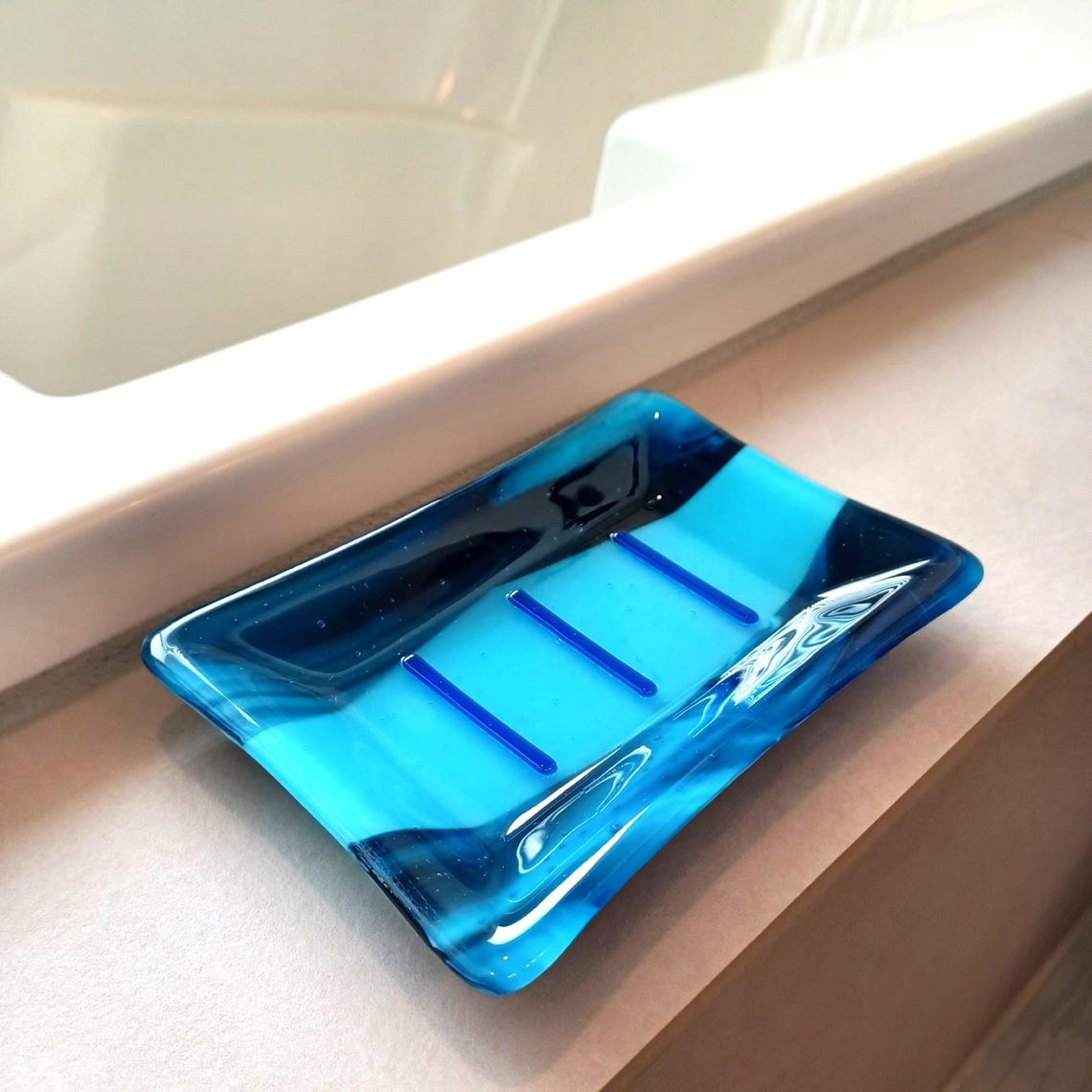 Fused Glass Soap Dish. Cyan Blue, Dark Blue, White and Clear ...