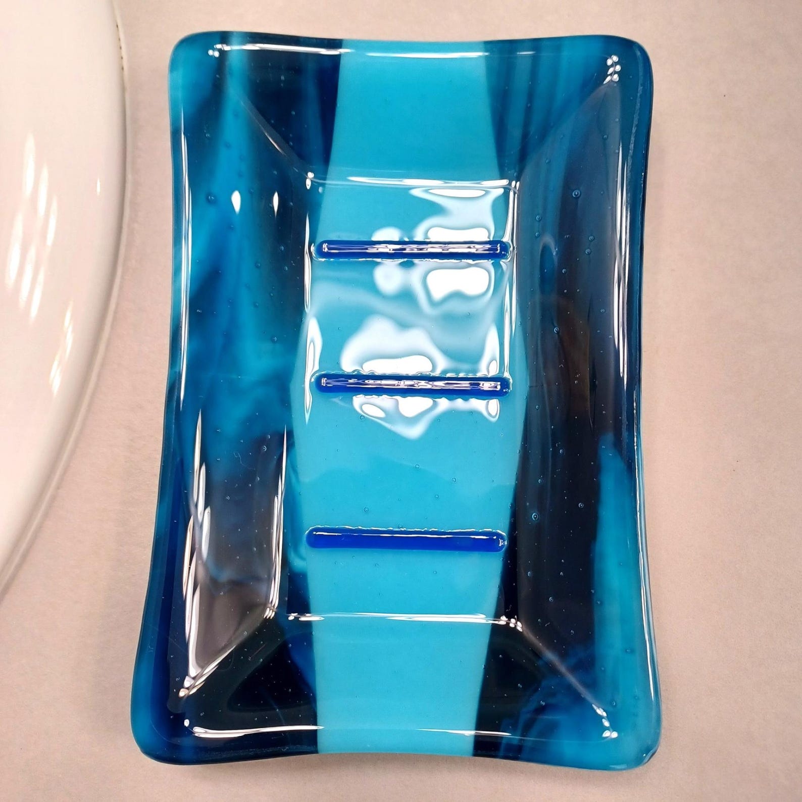 Fused Glass Soap Dish. Cyan Blue, Dark Blue, White and Clear ...