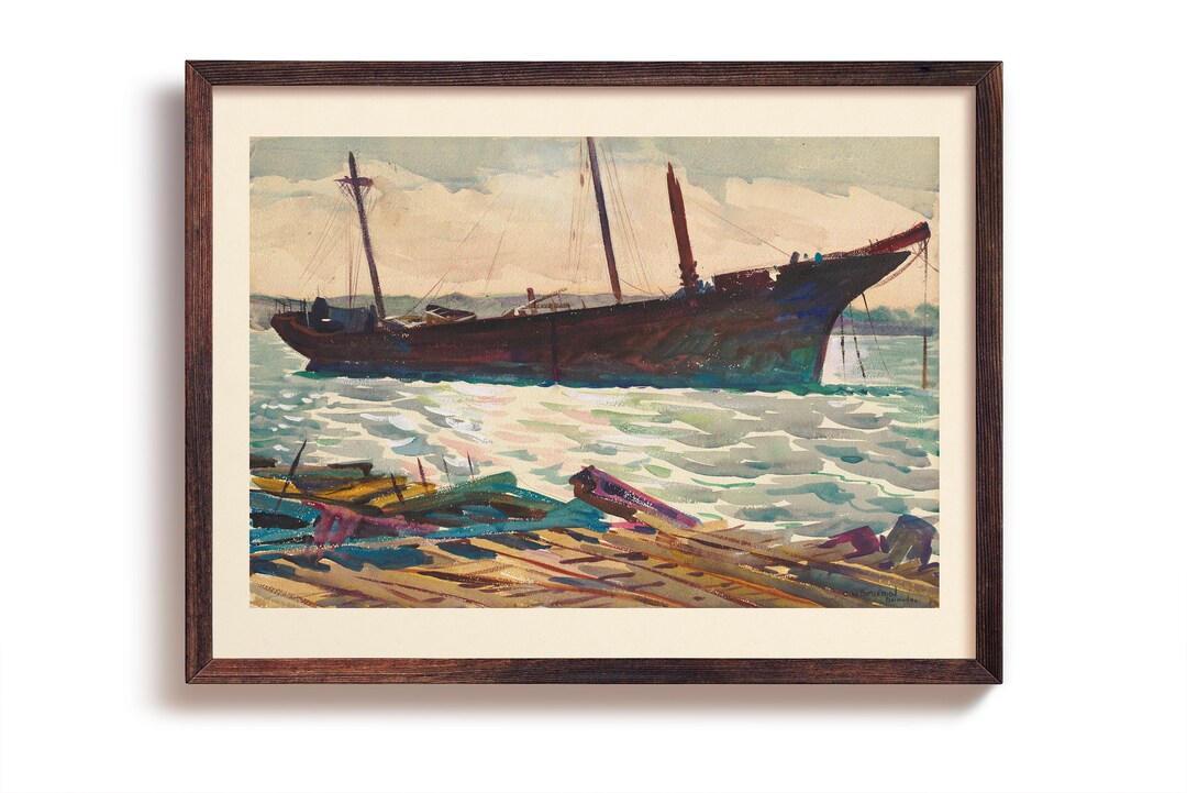 Vintage Ship Watercolor Art Print, Vintage Shipping Dock Wall Art ...