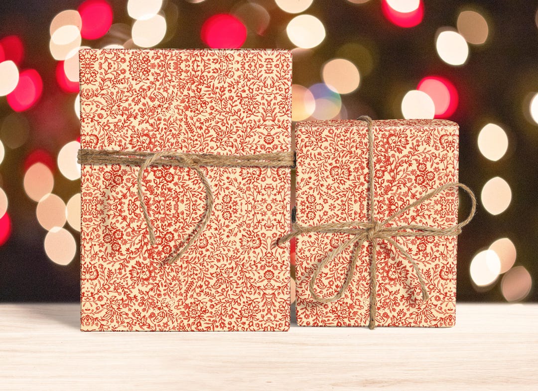 Rustic Red Floral Pattern Wrapping Paper Roll, Red Vintage Christmas ...