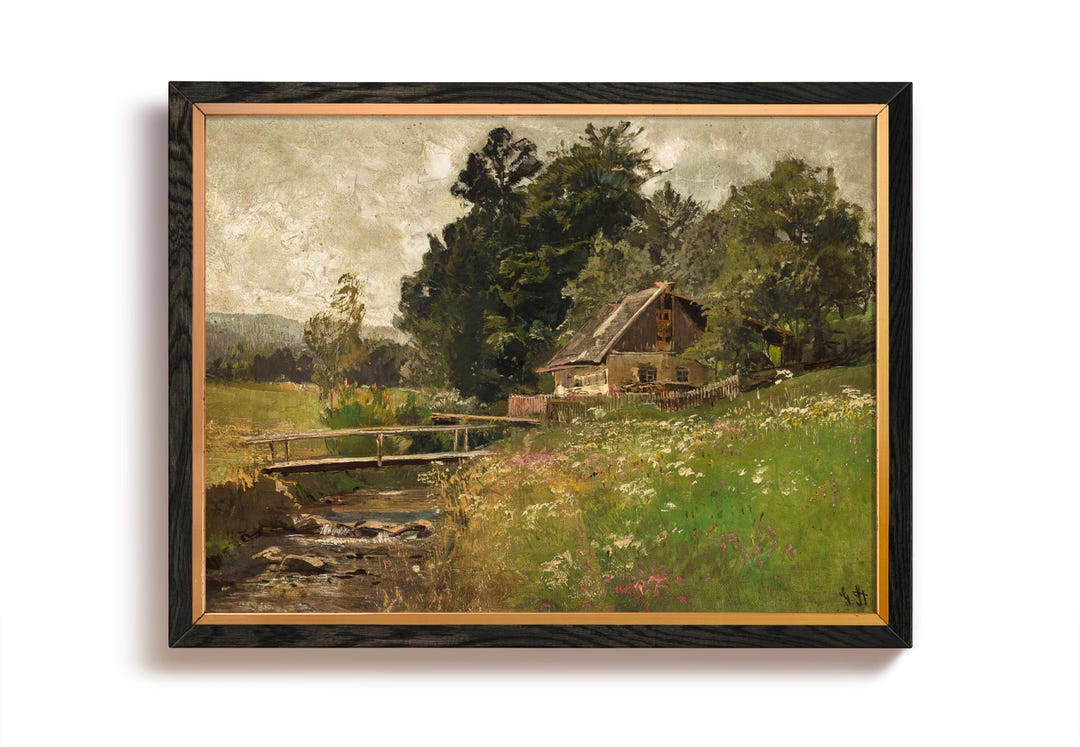 Cottage at a Creek Art Print, Landscape Painting Wall Art, Farmhouse ...