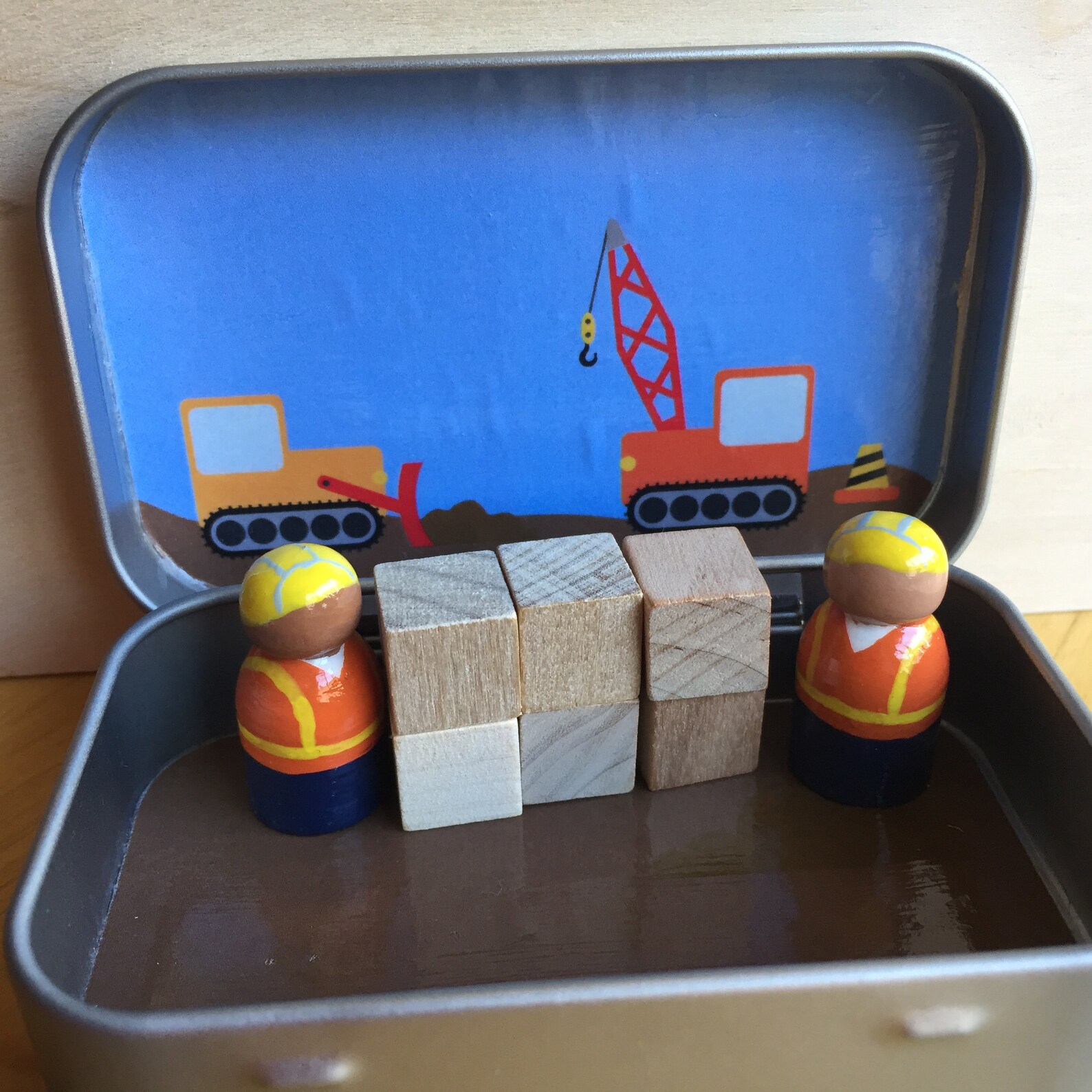 Construction Quiet Toy Building Peg Dolls Tin Box | Etsy