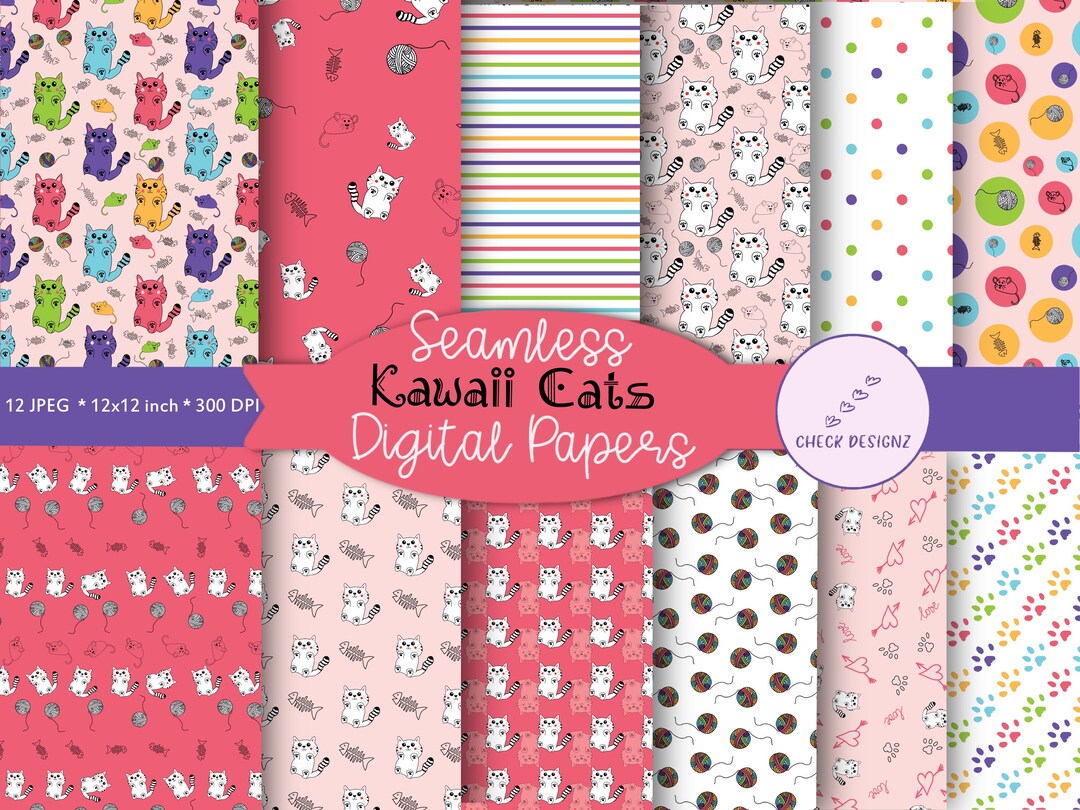 Digital Papers - Kawaii Cats - Printable Paper - Digital Download ...