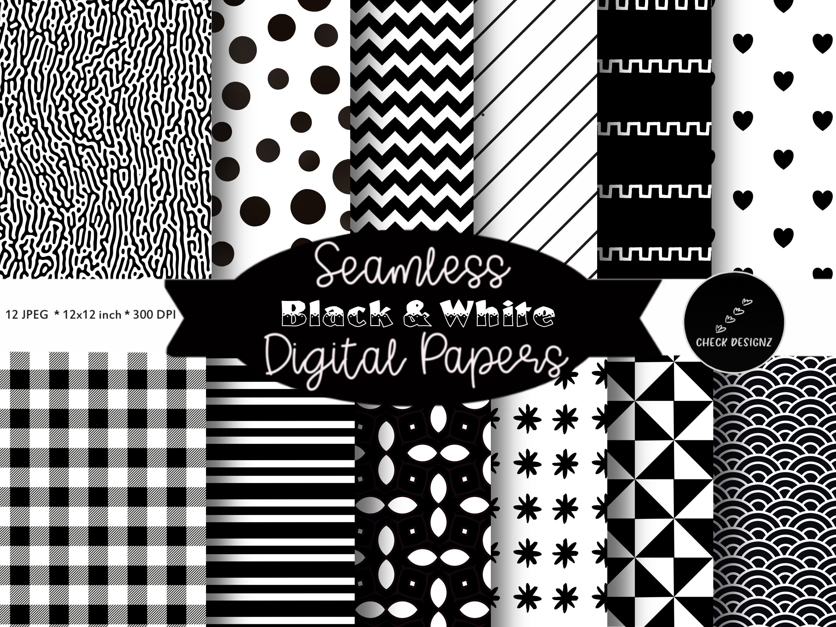Seamless Black and White Digital Paper Set | Geometric Patterns for ...