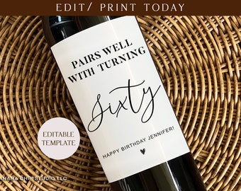 60th Birthday Gift Custom Wine Label Pairs Well With Turning Sixty - Etsy