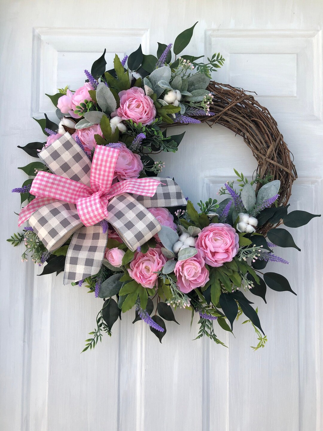 Farmhouse Pink Wreath, Farmhouse Decor, Lambs Ear Wreath, Front Door ...