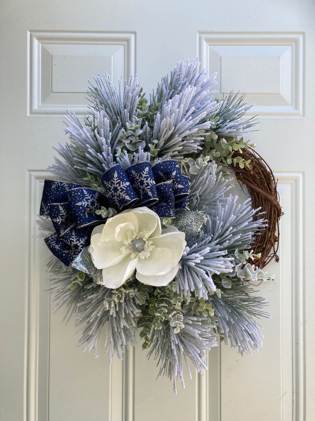 Flocked Christmas Wreath, Farmhouse Christmas Wreath, Front Door Wreath ...