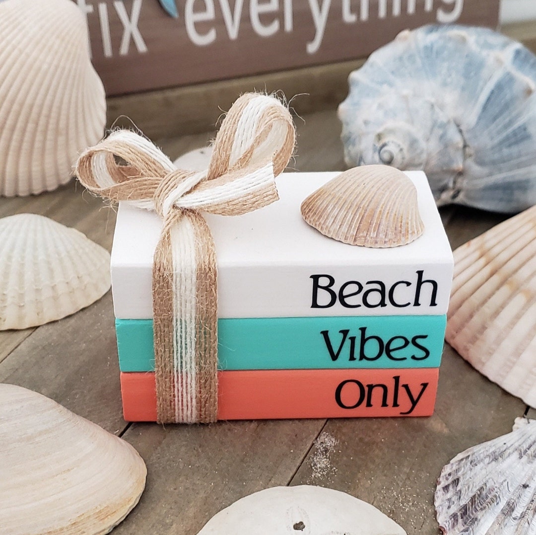 Beach Mini Book Stack/beach Vibes Only/seashell/coral and Teal/outer ...
