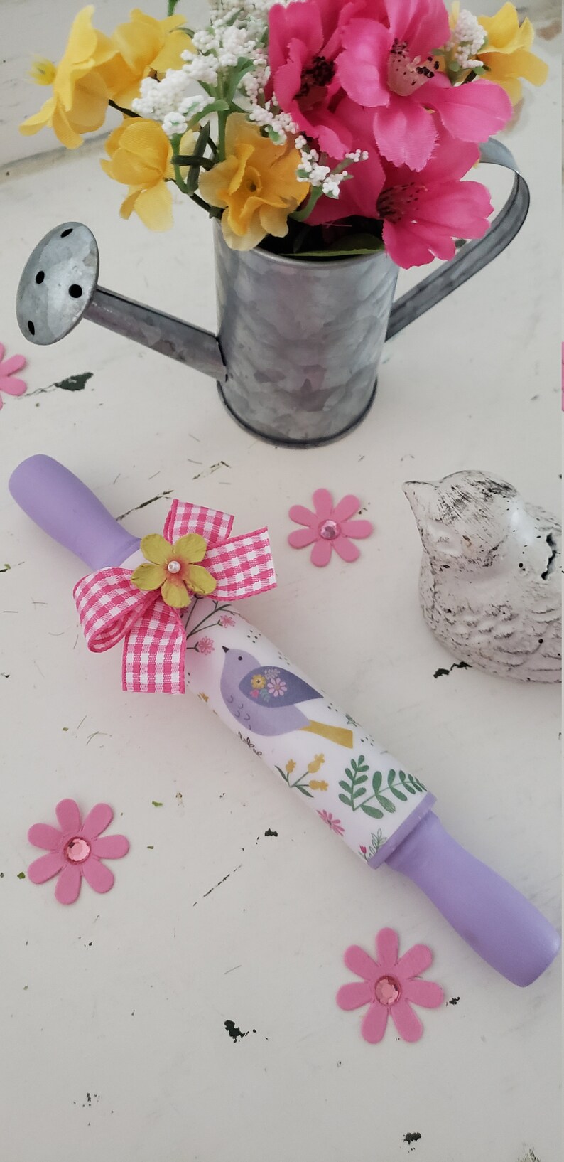Spring Mini Wood House and Mini Rolling Pin Set/birds/flowers/tiered ...