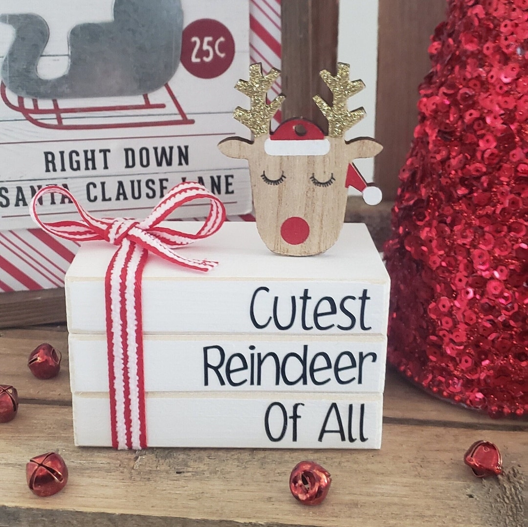 Christmas Reindeer Mini Book Stack/reindeer Mini Jar for Tiered Trays ...