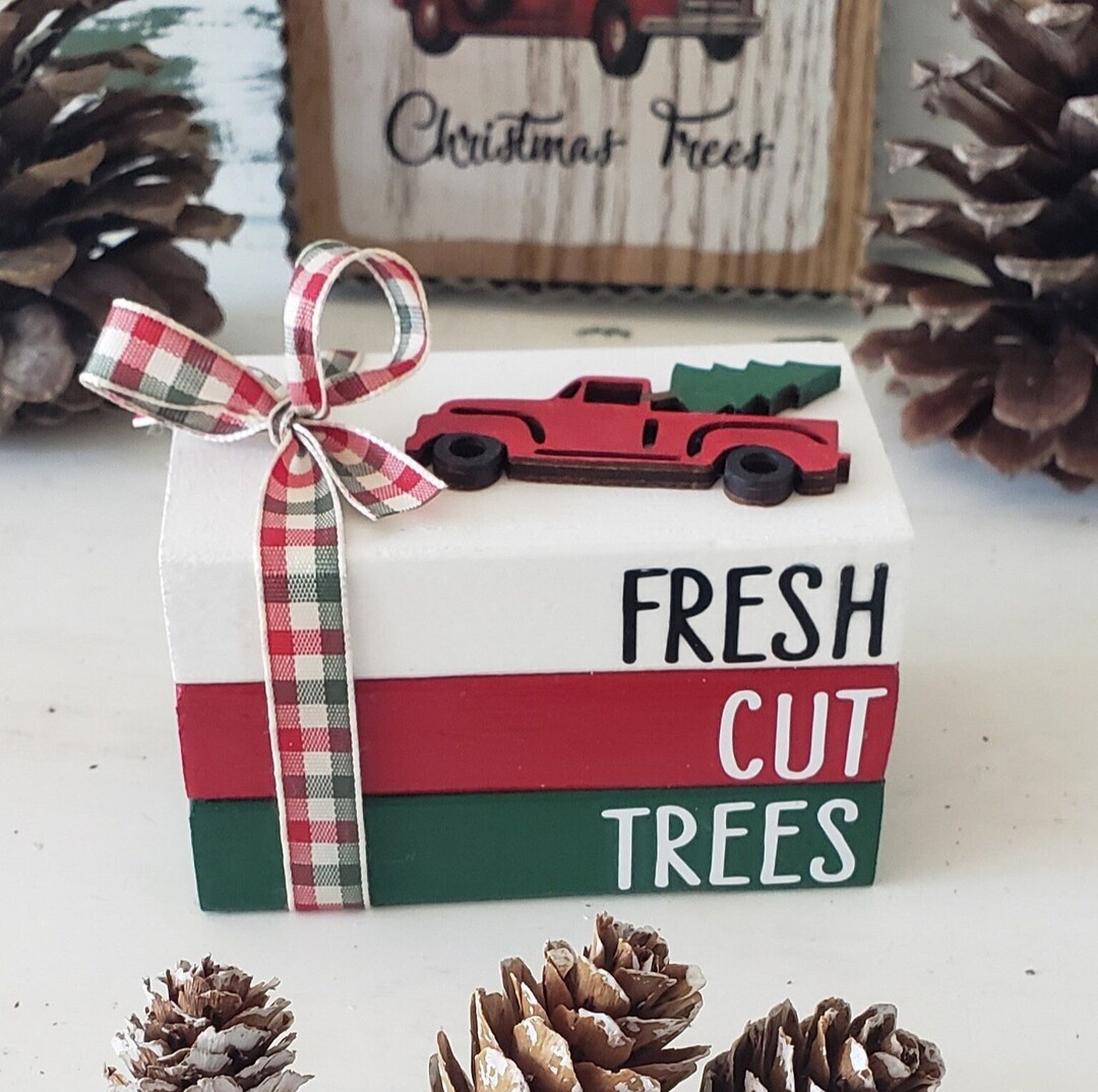 Christmas Mini Wood Book Stack/fresh Cut Trees/ Vintage Farmhouse Red ...