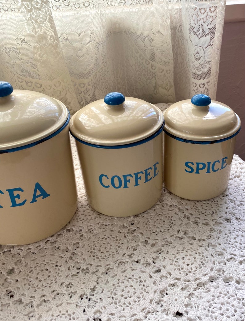 Vintage Enamel 6pc Kitchen Canister Set Cream & Blue - Etsy