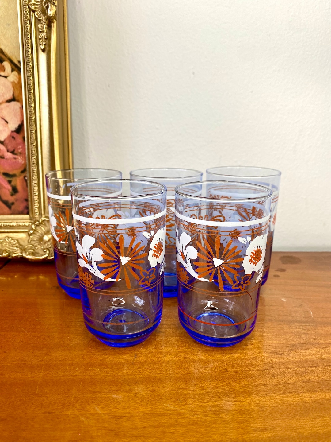 Vintage Blue Glass Floral Pattern Drinking Glasses | Set of Five - Etsy ...