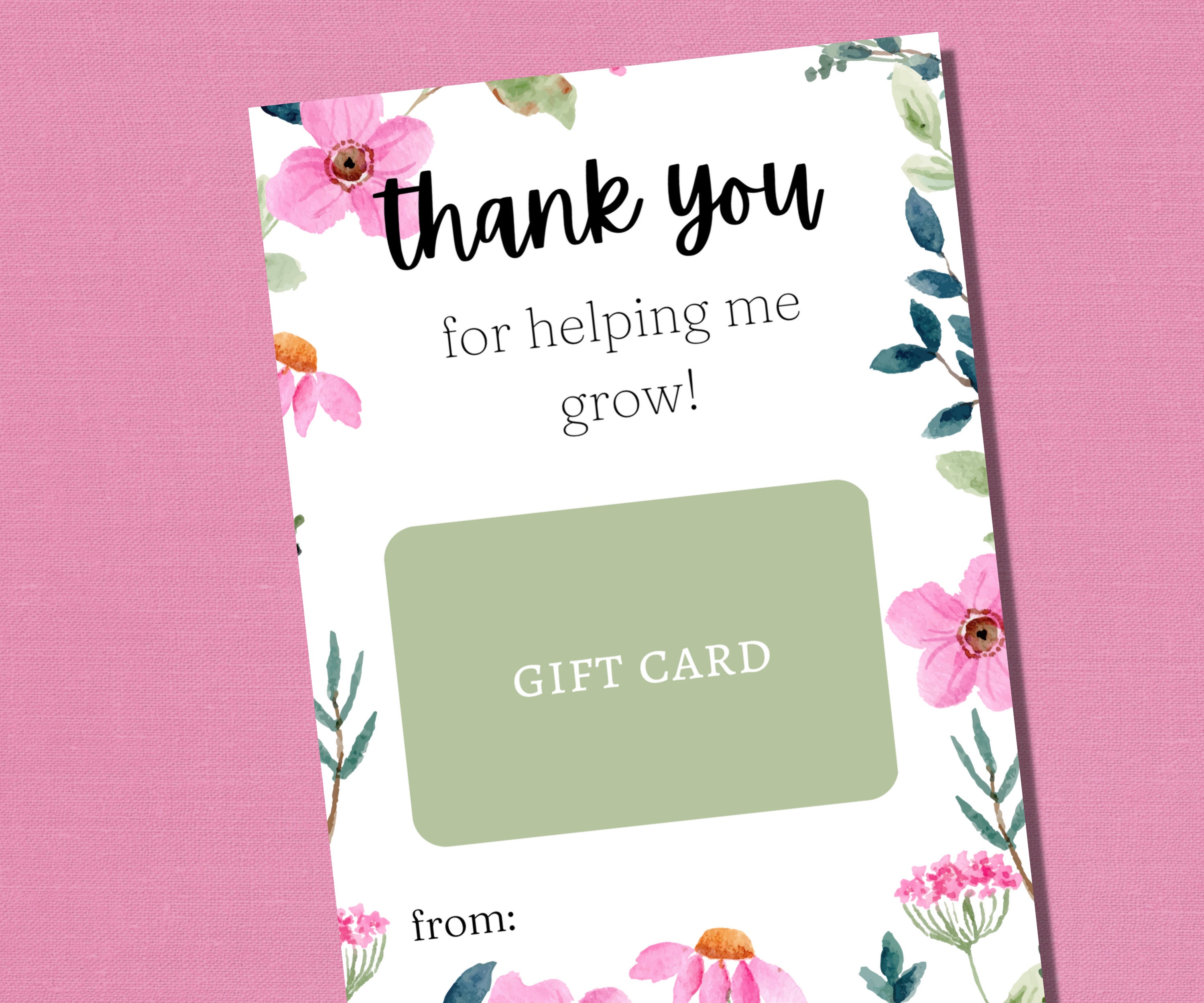 Teacher Gift Card Holder, Thank You for Helping Me Grow Printable ...