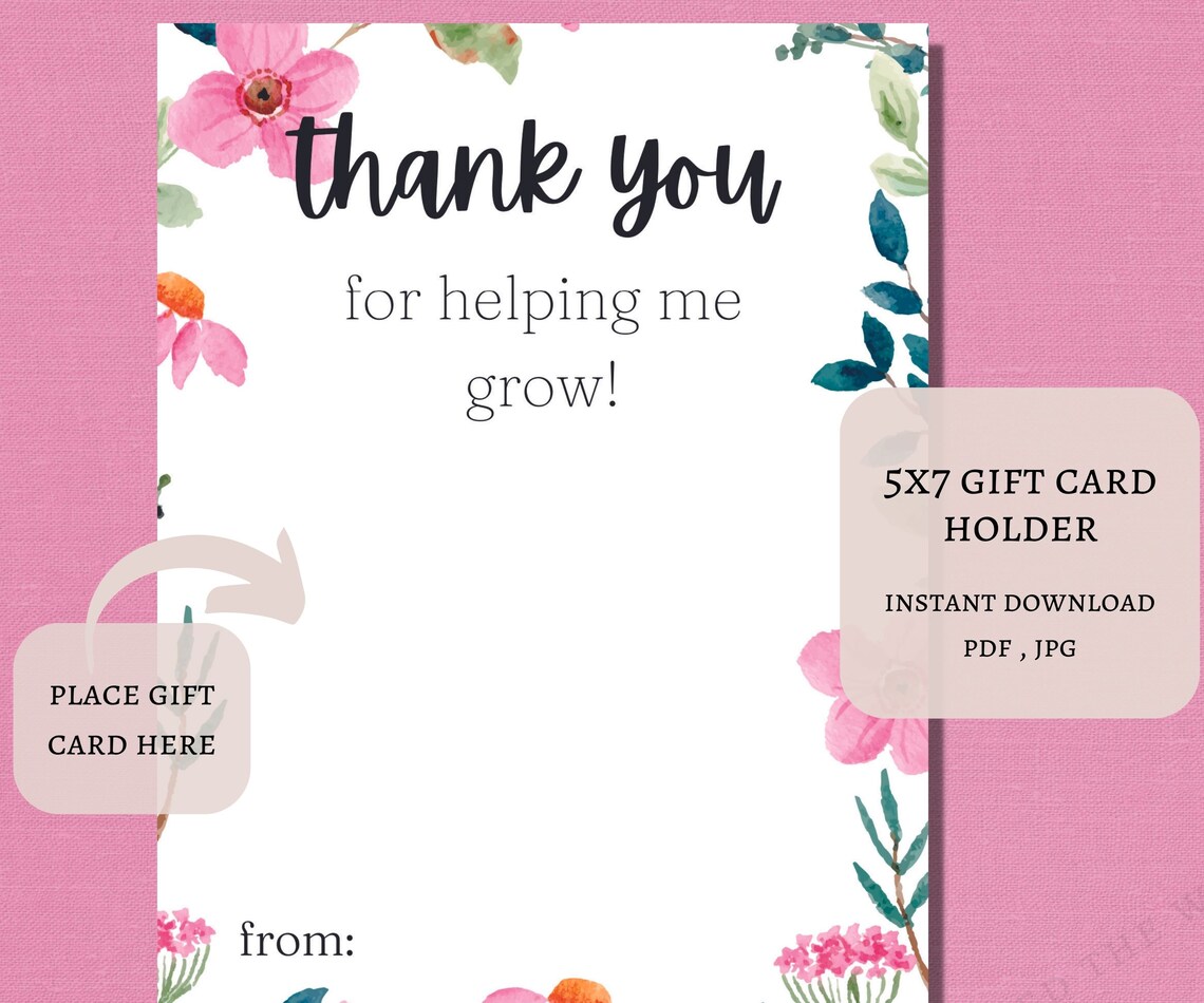 Teacher Gift Card Holder, Thank You for Helping Me Grow Printable ...
