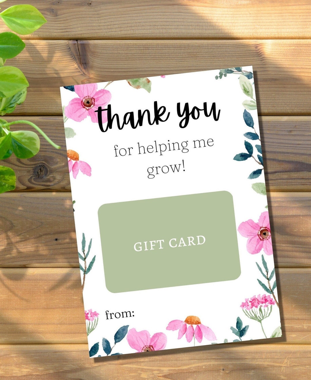 Teacher Gift Card Holder, Thank You for Helping Me Grow Printable ...