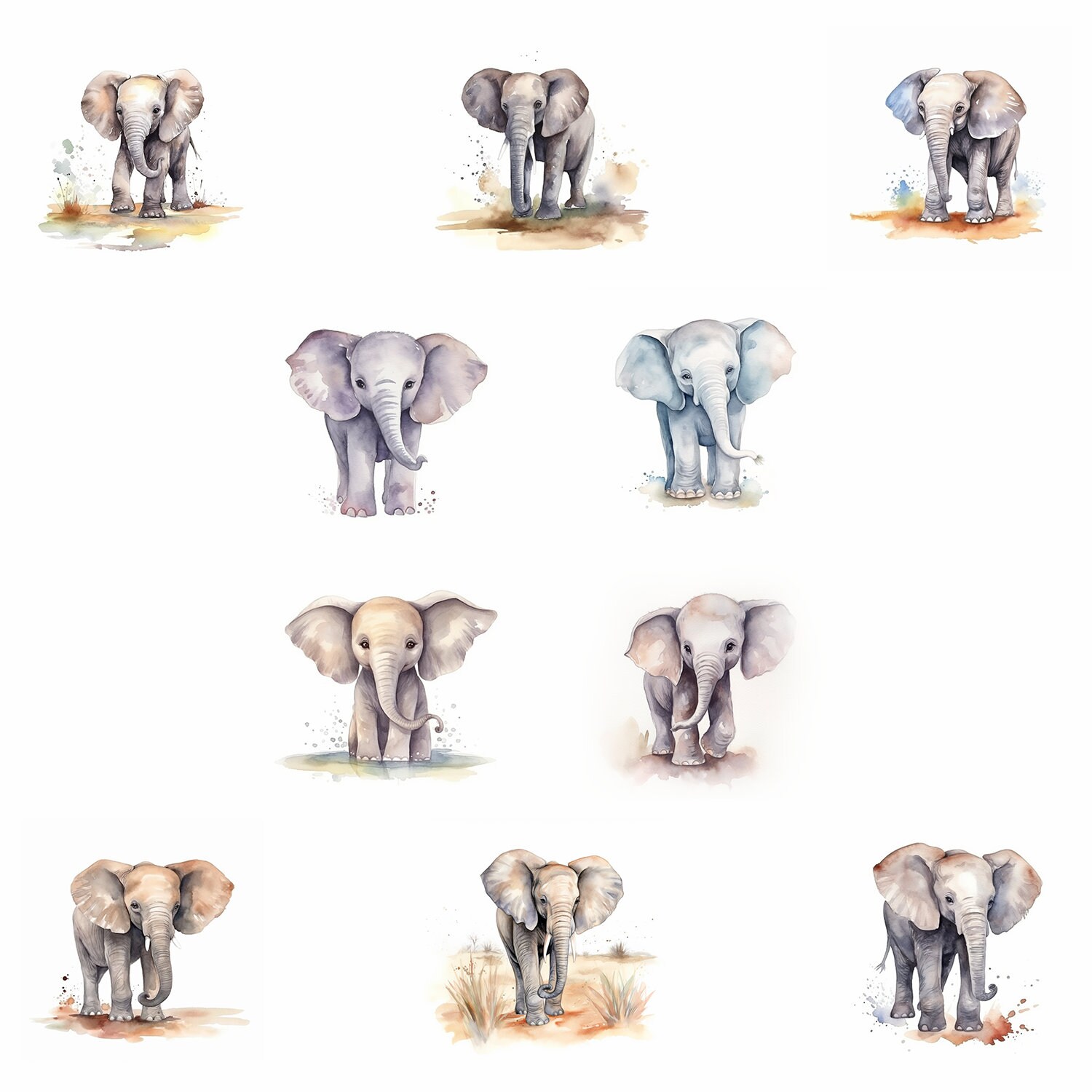 Watercolor Baby Elephant Print - Set of 10 - High Quality Wall Art ...