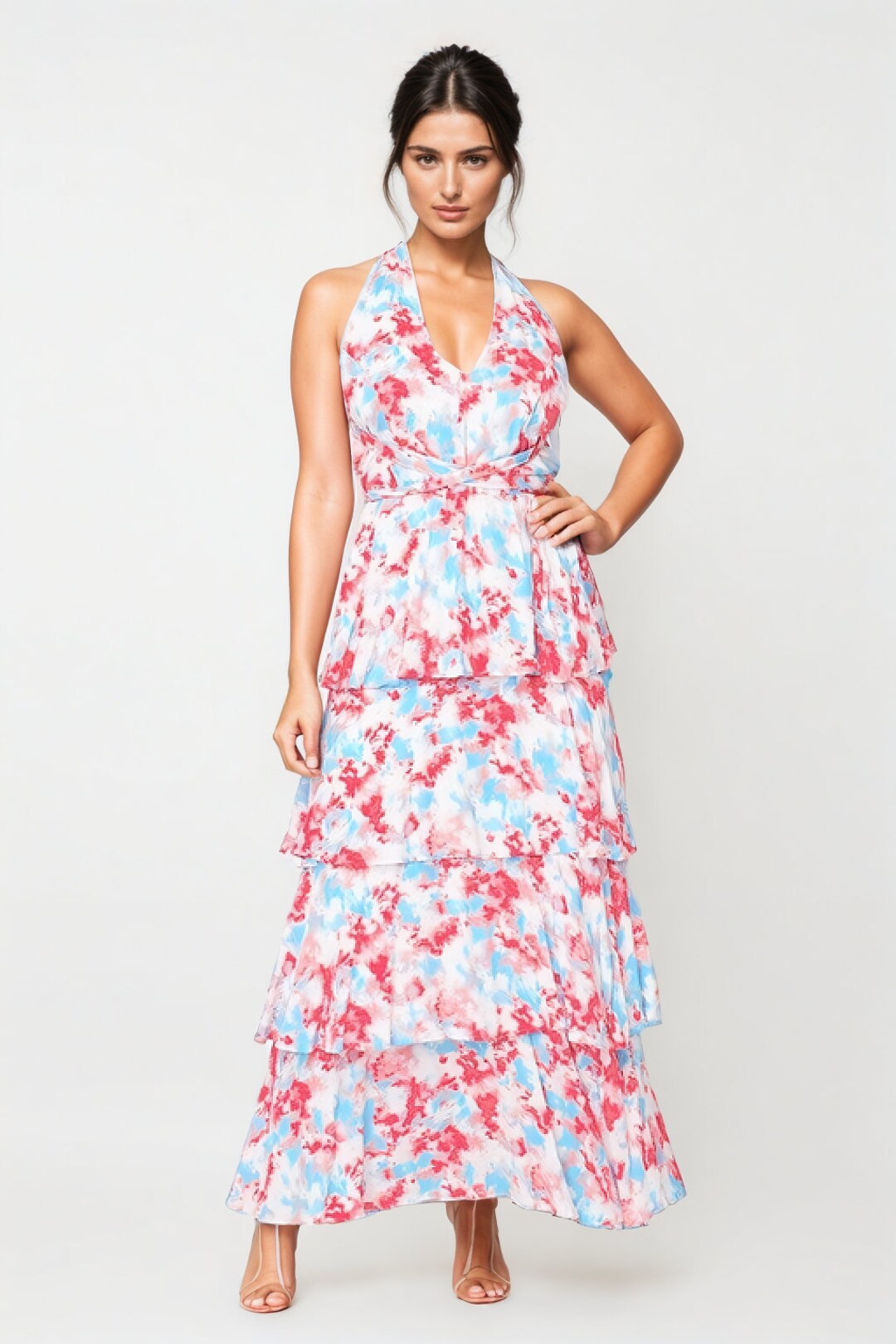 V-neck Long Dress With Open Cross-back and Layered Skirt, Perfect for ...