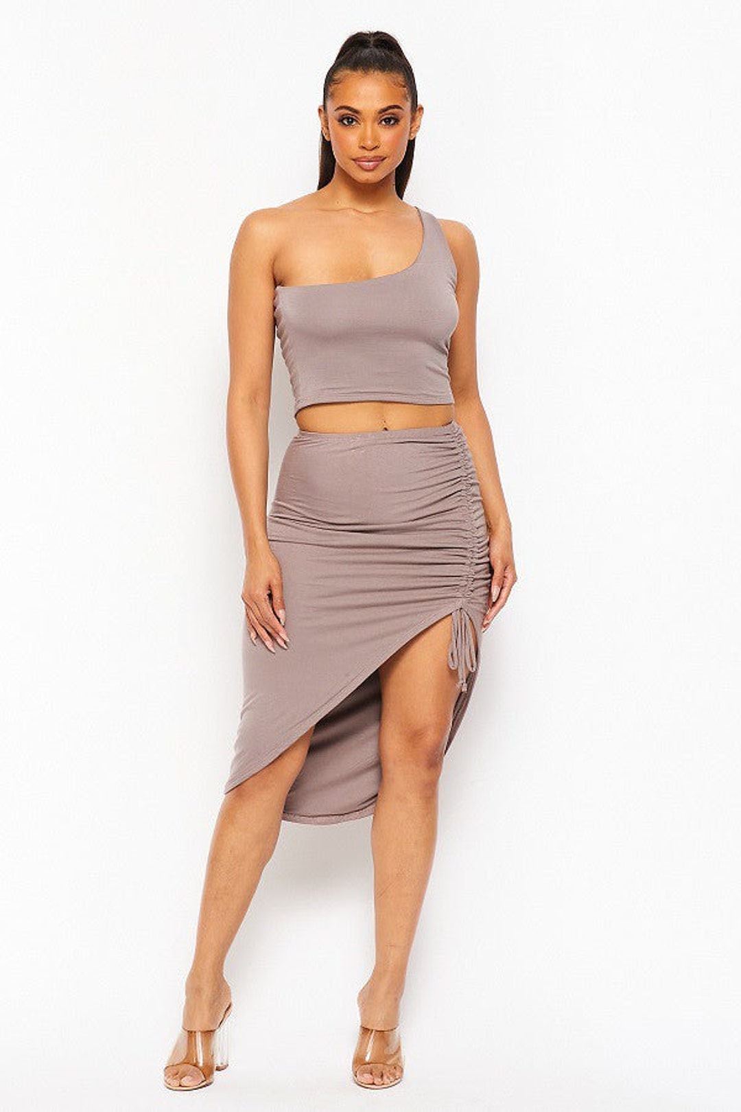 Stretch One Shoulder Skirt Set With Ruched Side Slit - Etsy