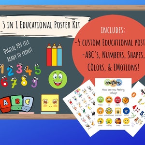 5 in 1 Educational Poster Kit Shapes, Numbers, Abc's, Colors ...