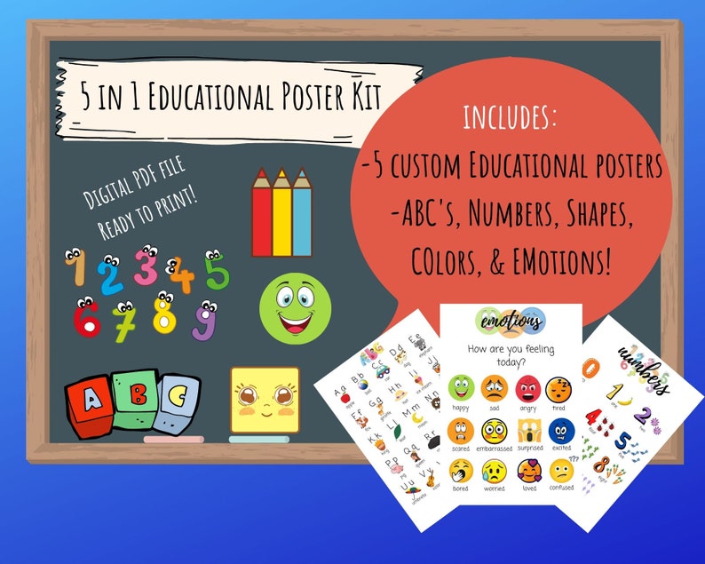 5 in 1 Educational Poster Kit Shapes, Numbers, Abc's, Colors ...