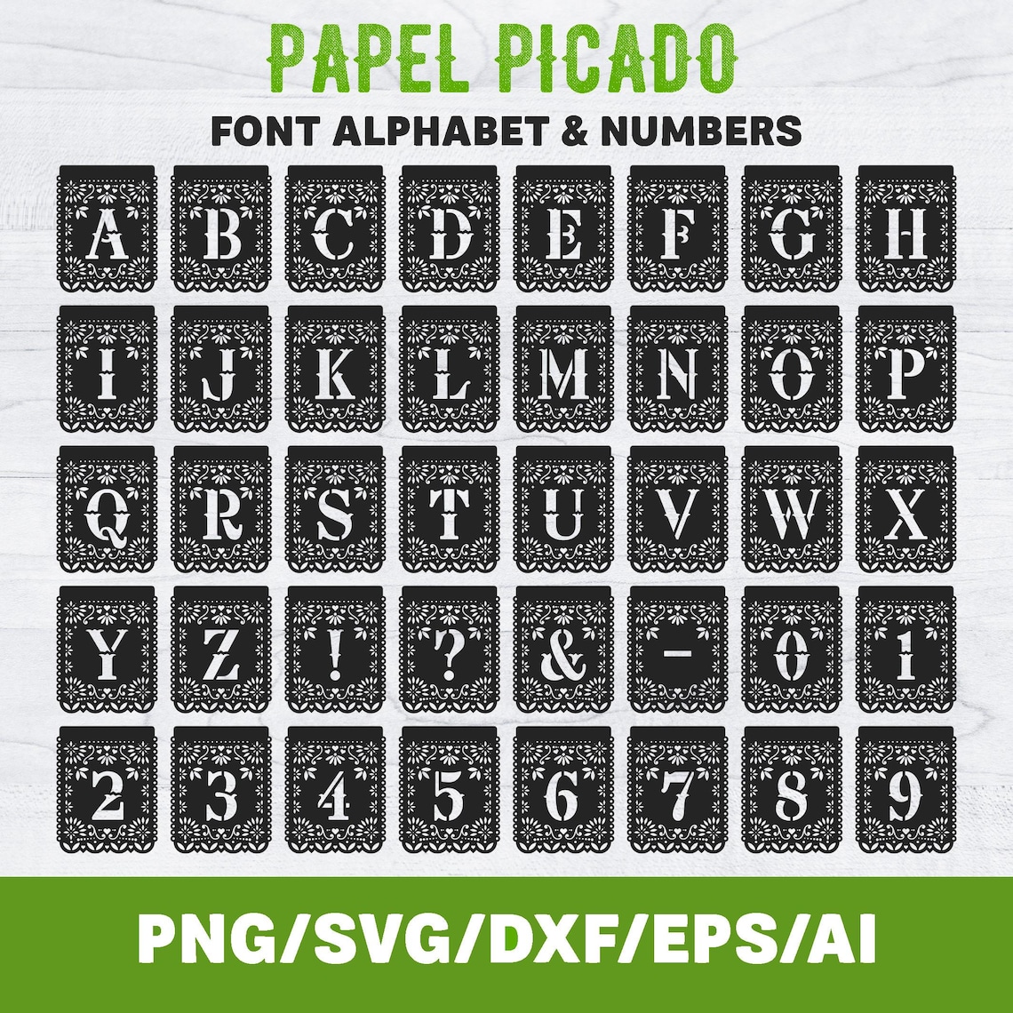 Papel Picado Font svg, png, letras de papel picado, PDF, banderín ...