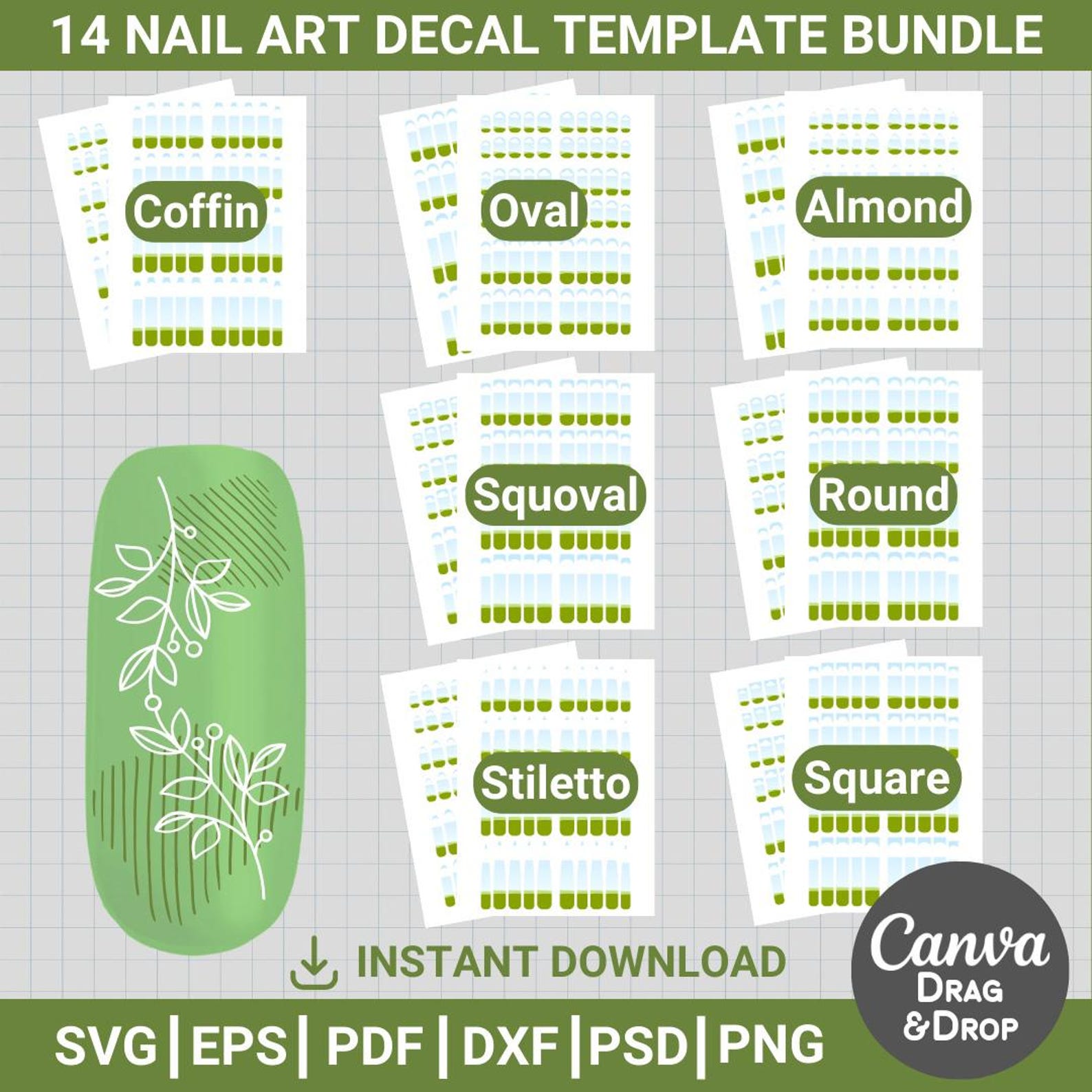 14 Nail Art Decal Template, BUNDLE, Squoval, Stiletto, Oval, Square ...
