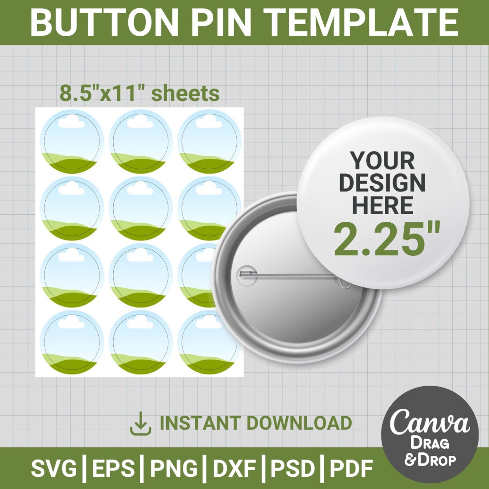 2.25" Button Pin Template, Button Pin Svg, Sublimation, Canva, Drag ...