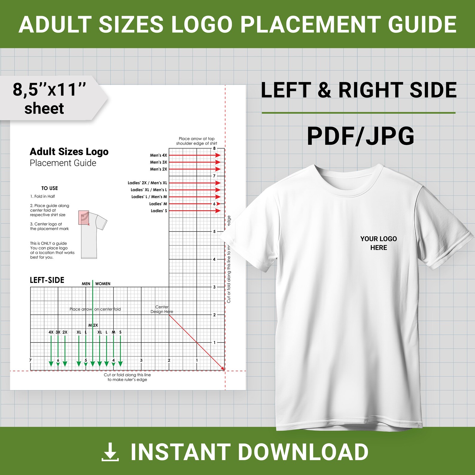 Adult Size T-shirt Logo Placement Guides, Left Side, Right Side ...