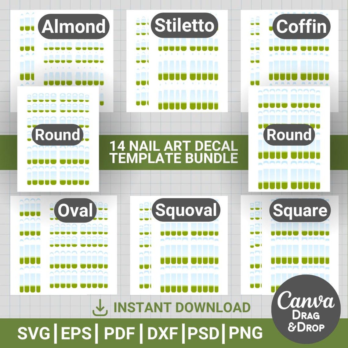 14 Nail Art Decal Template, BUNDLE, Squoval, Stiletto, Oval, Square ...