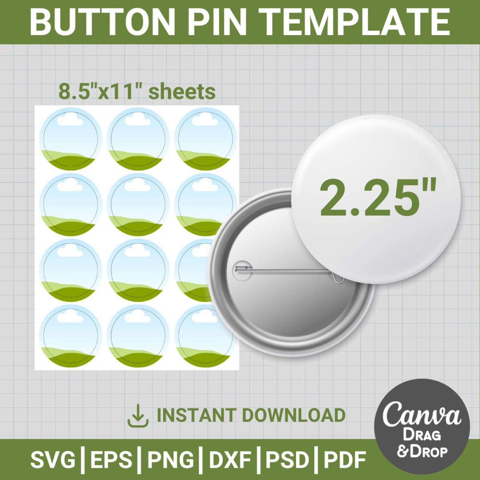 2.25" Button Pin Template, Button Pin Svg, Sublimation, Canva, Drag & Drop, Badge Circle Labels ...