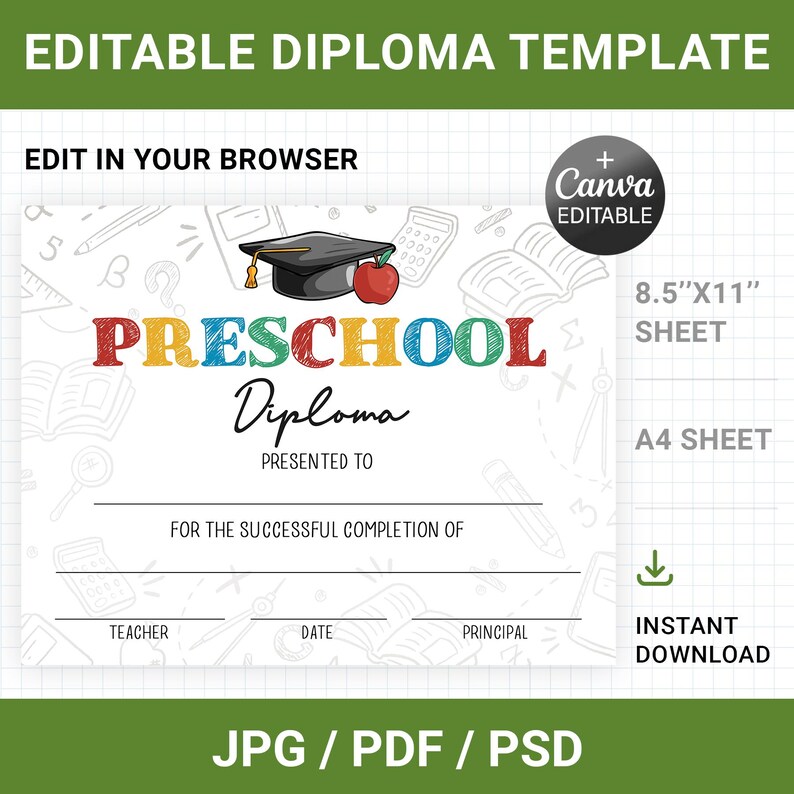 Editable Preschool Diploma Template, Personalized, Preschool ...