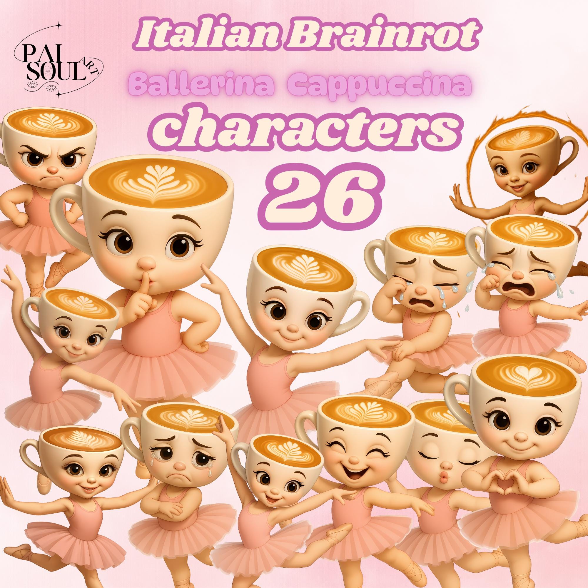Italian Brainrot : 26 Poses of Ballerina Cappuccina Cute Clipart PNG ...