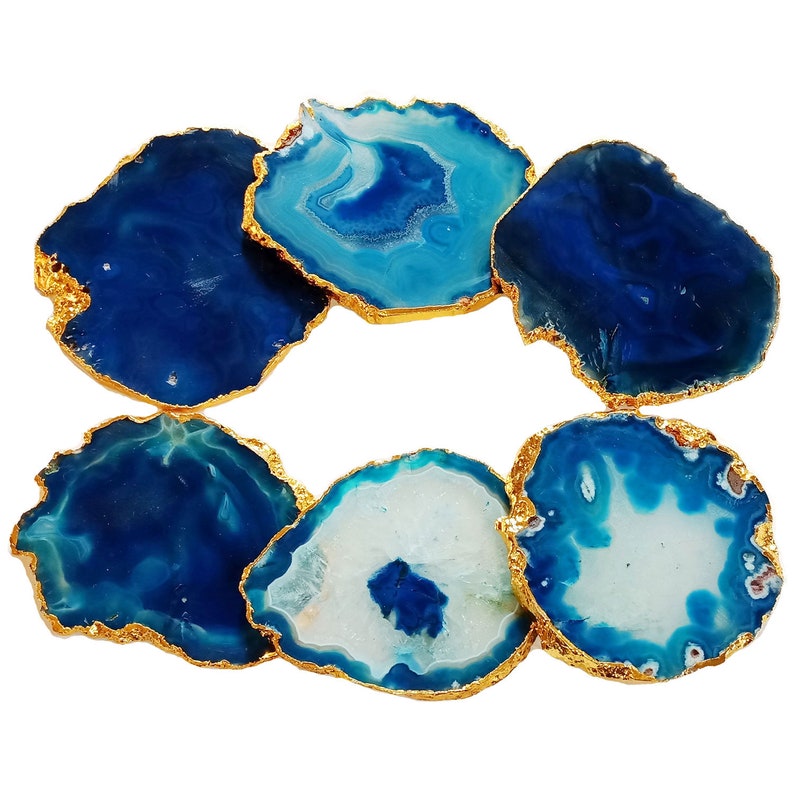Blue Agate Coasters Set Bulk Crystal Slice Rimmed Toned Edge Agate ...
