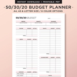 50/30/20 Budget Planner Printable, Budget Overview Template, Monthly ...