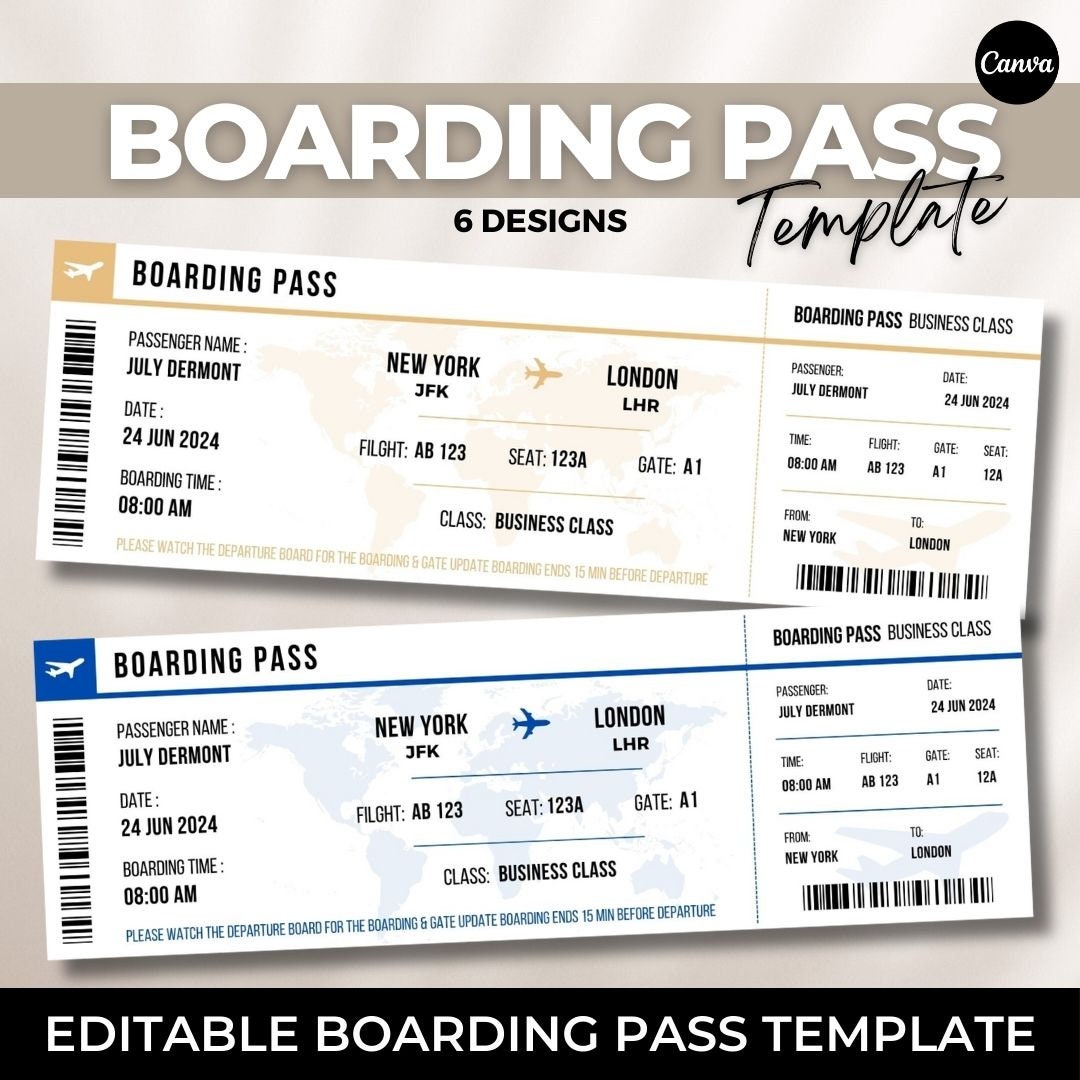 Editable Boarding Pass Template, Canva Airline Ticket, Printable ...