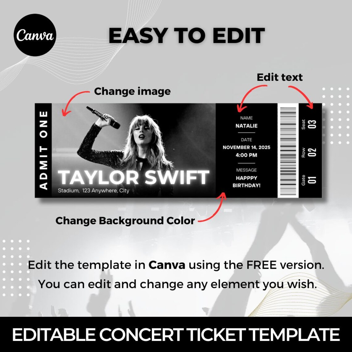 Editable Concert Ticket Template, Custom Concert Ticket Gift, Surprise ...