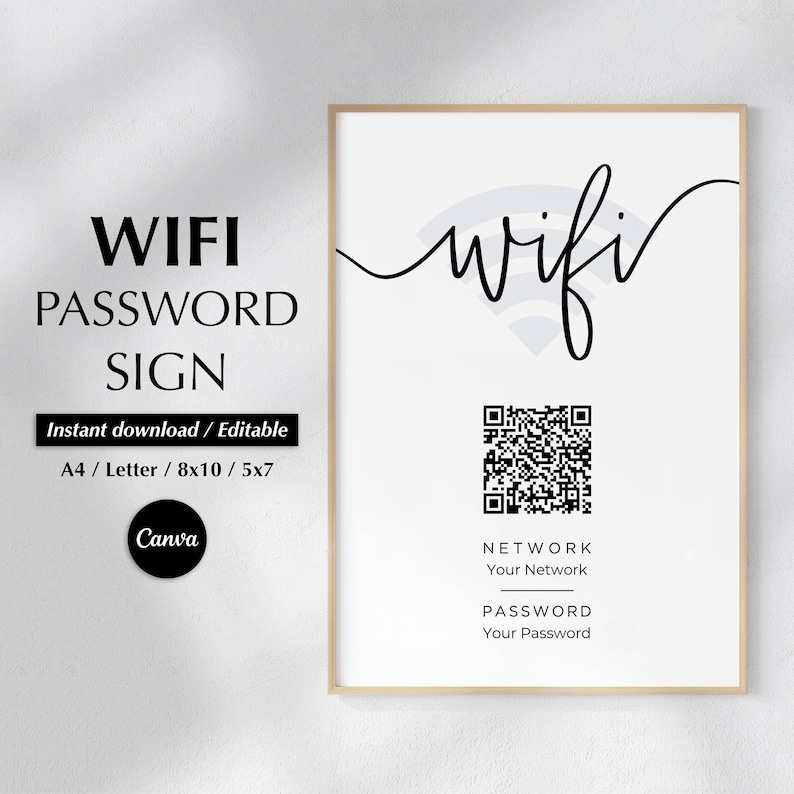 Wifi QR Code Sign Printable, Wifi Sign, Wifi Password Sign, Editable ...