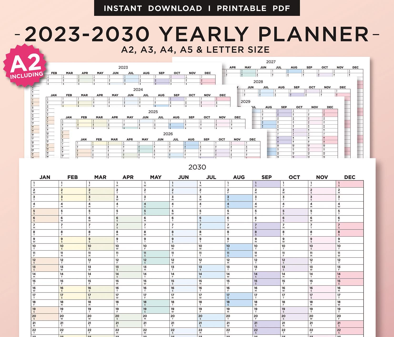 2023 to 2030 Year Planner, Yearly Overview Printable, Year Planner on 1 ...
