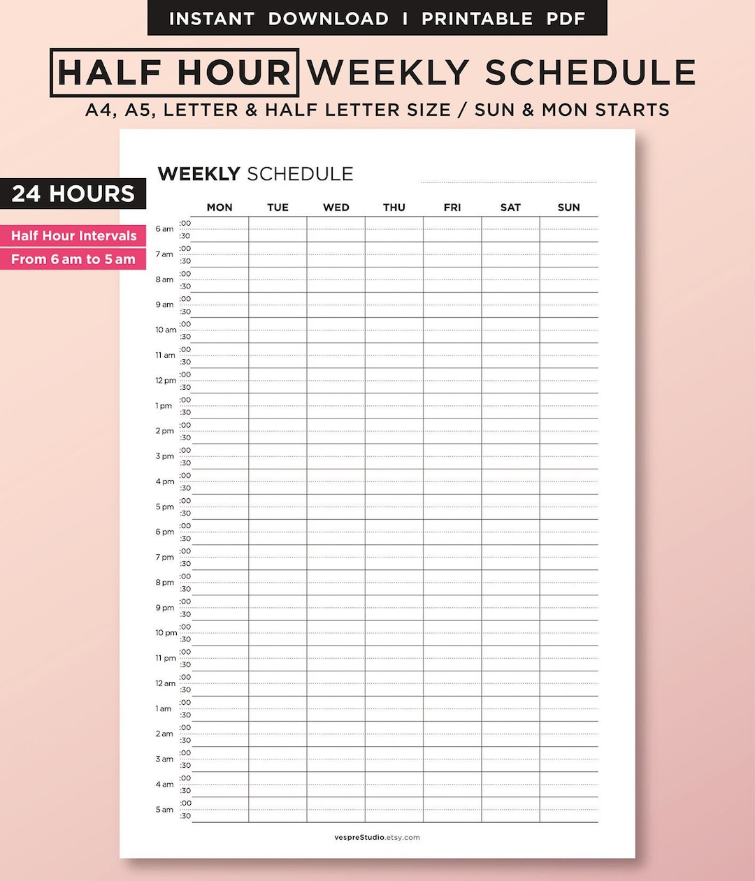 Half Hour Weekly Planner, Weekly Schedule Printable, Week at a Glance ...
