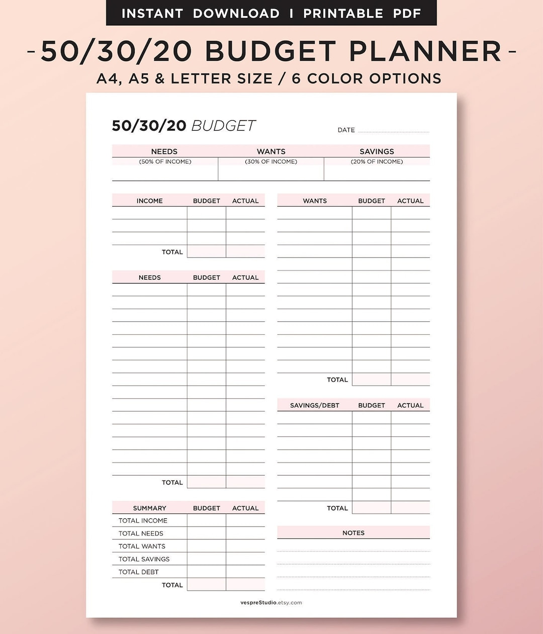 50/30/20 Budget Planner Printable, Budget Overview Template, Monthly ...