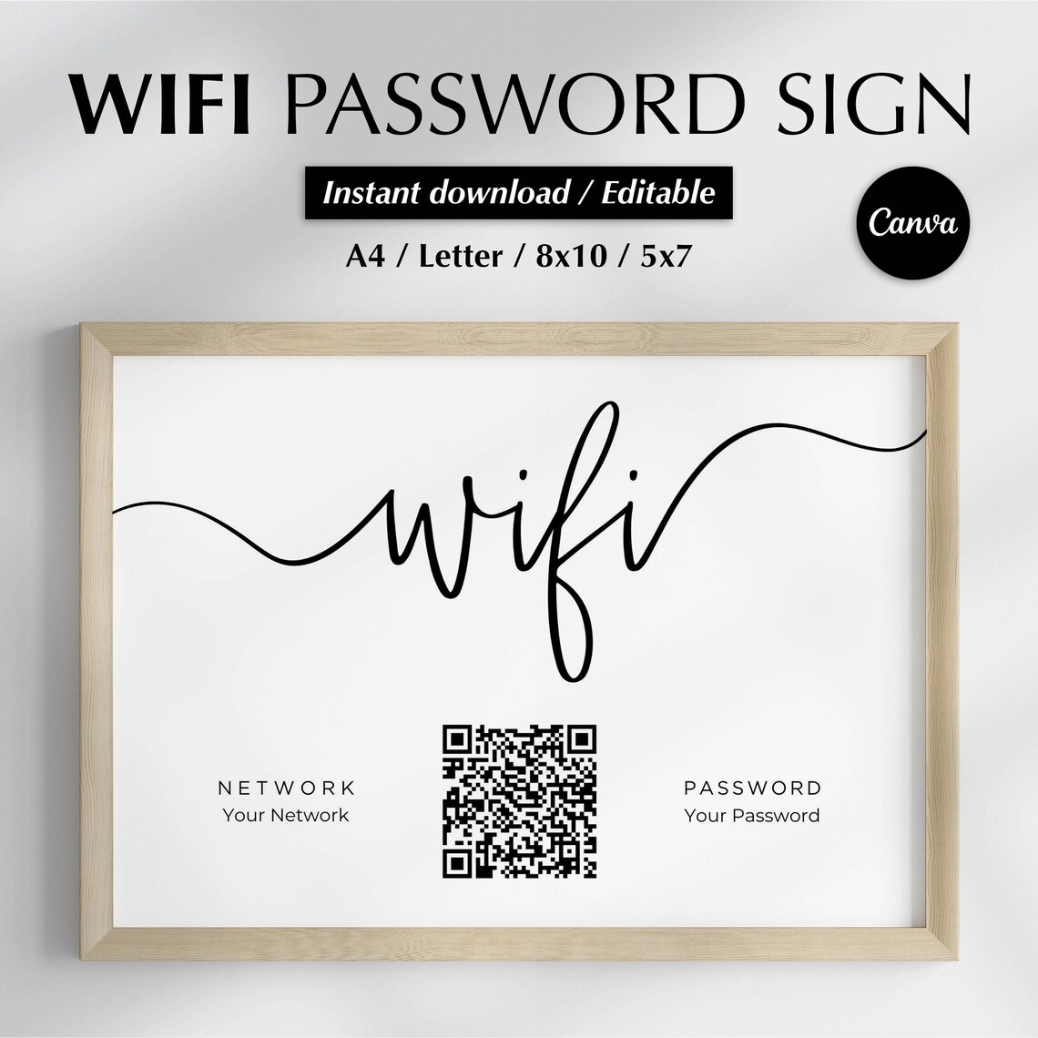 Wifi QR Code Sign Printable, Wifi Sign, Wifi Password Sign, Editable ...