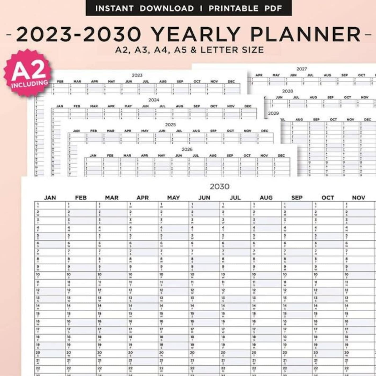 2023 to 2030 Year Planner, Yearly Overview Printable, Year Planner on 1 ...