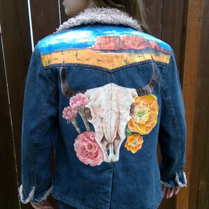 Western Cow Skull and Desert Landscape Denim Jacket. One of a Kind ...