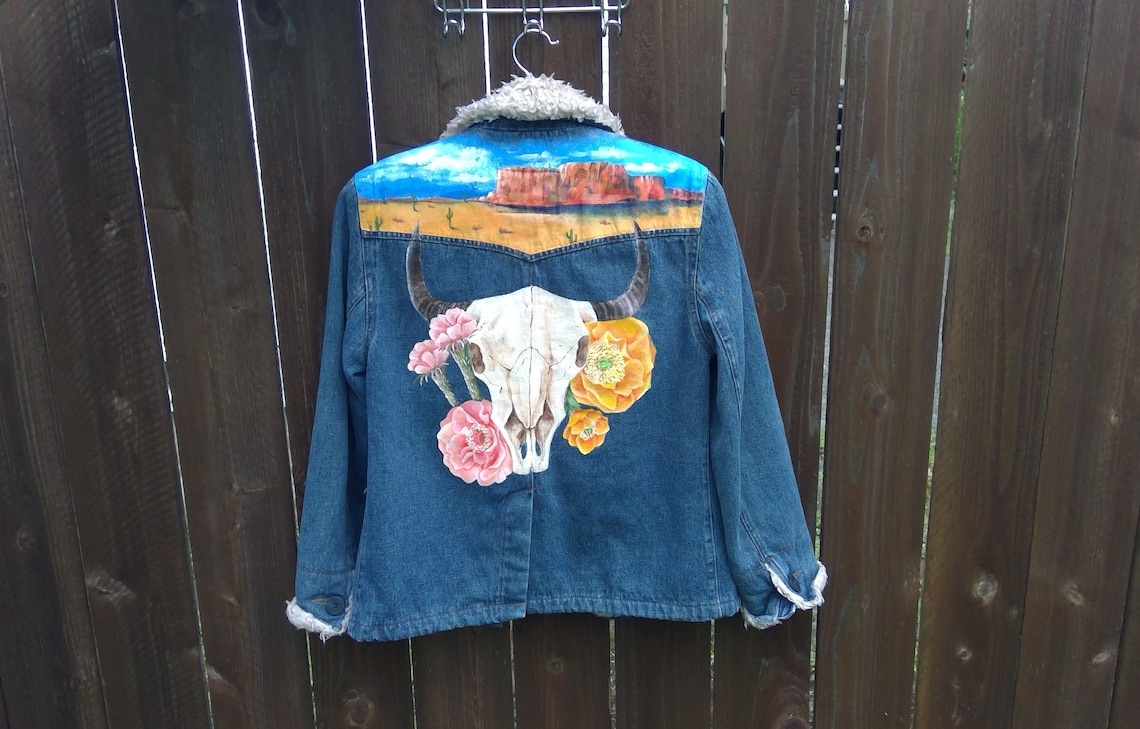 Western Cow Skull and Desert Landscape Denim Jacket. One of a Kind ...