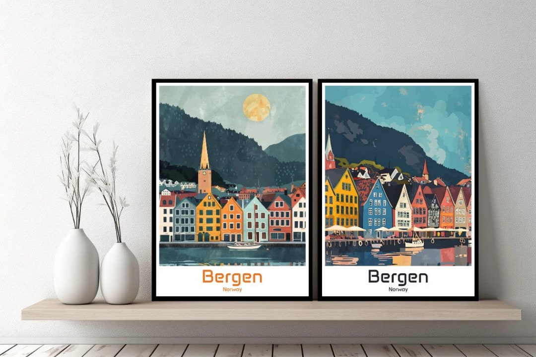 Bergen Norway Poster Travel Print Norway Bergen Canvas Poster Cityscape ...